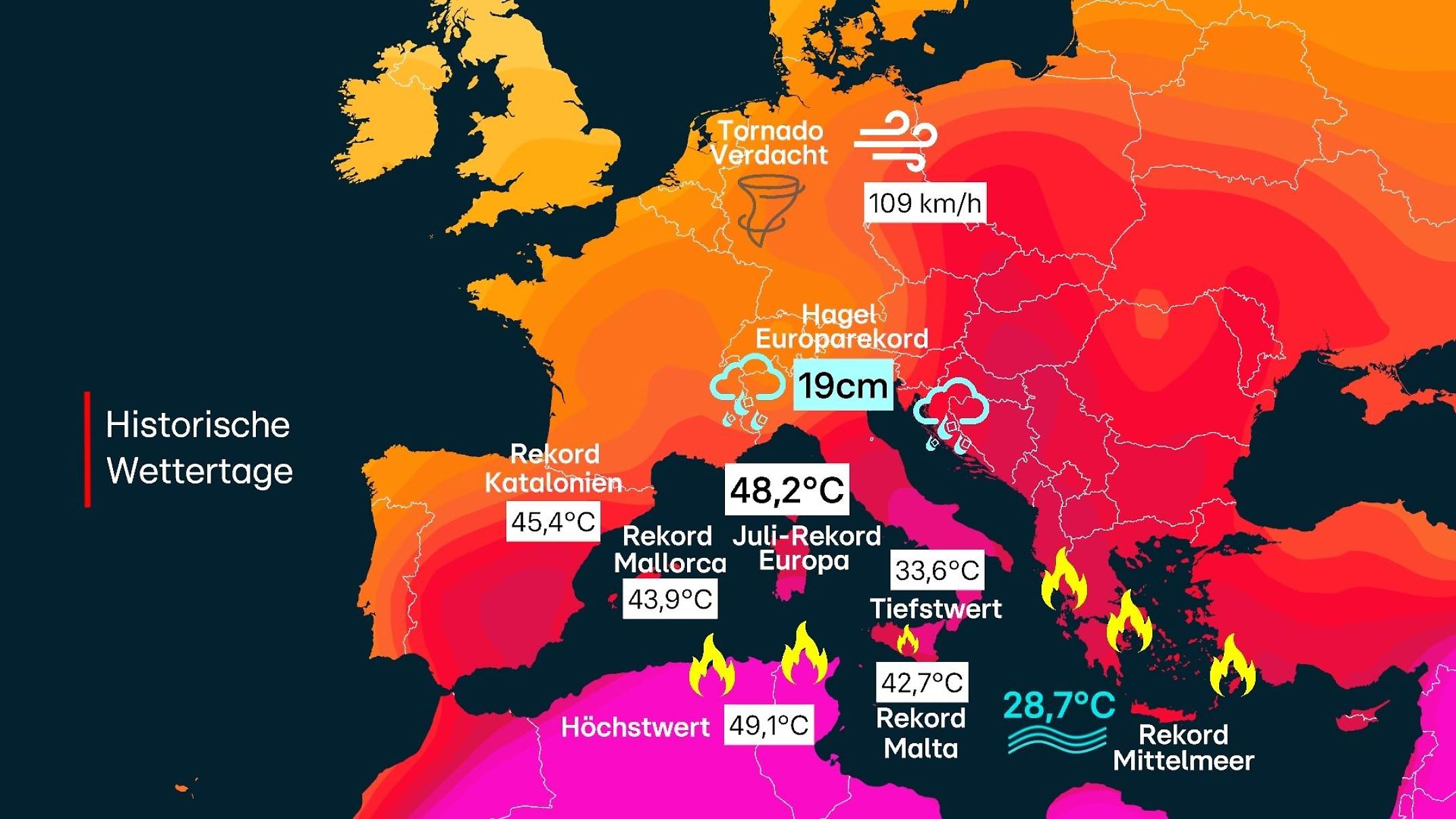 Extreme Unwetter - Prognose Europa aktuell: Starkregen, riesiger Hagel, Sturm, Orkan, Tornado ...