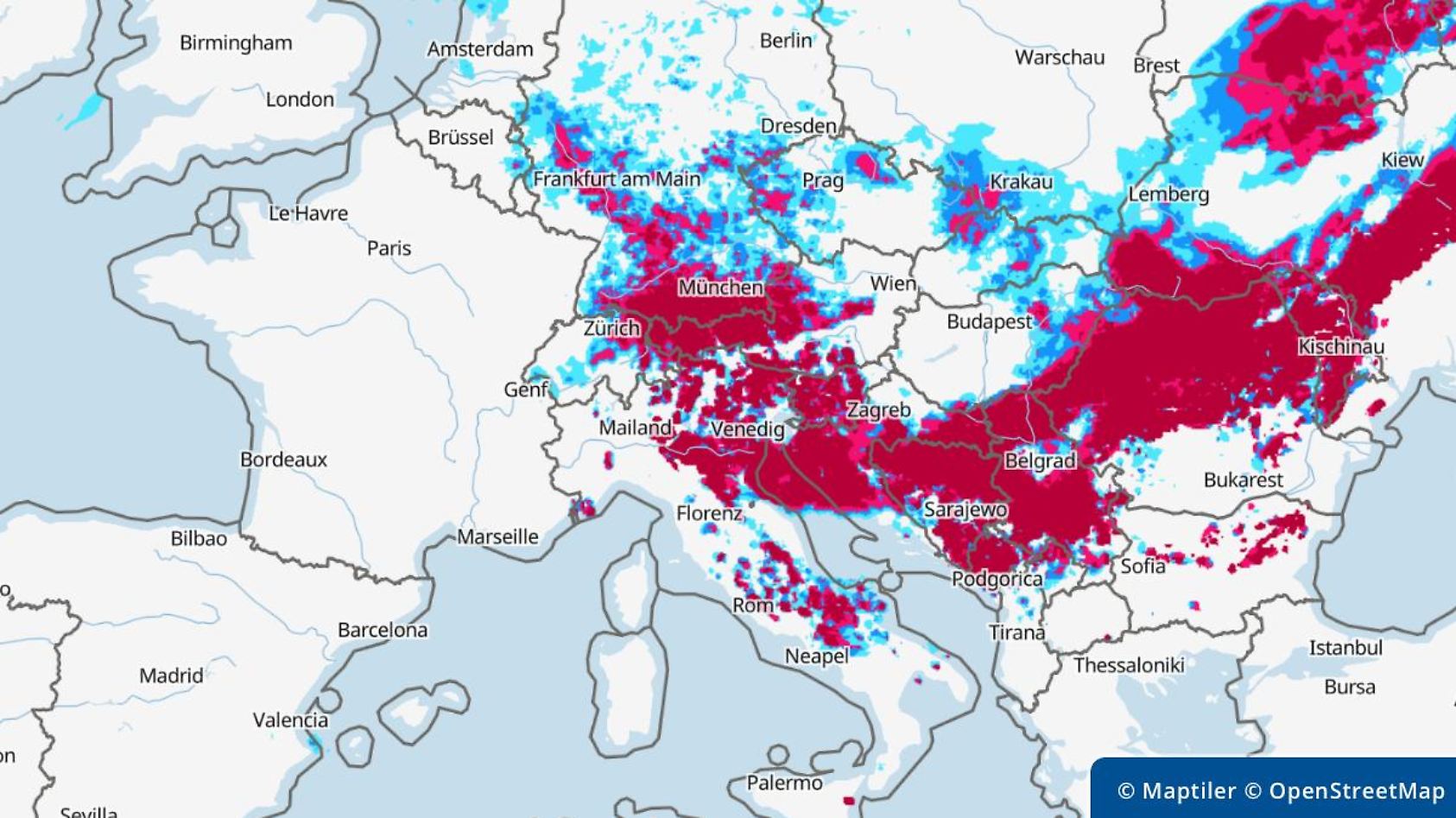 Extreme Unwetter - Prognose Europa aktuell: Starkregen, riesiger Hagel, Sturm, Orkan, Tornado ...