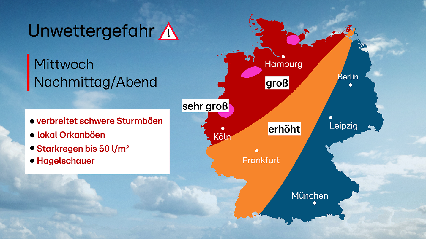 Unwetter beenden extreme Hitze: Erst 40 Grad, dann Gewitter, Starkregen, Hagel, Sturm- bis ...